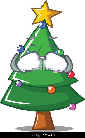 Sad crying Christmas tree with tears in her eyes and a broken toy in ...