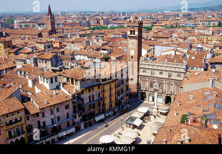 Aerial view, Piazza delle Erbe, the market square, Domus Mercatorum ...