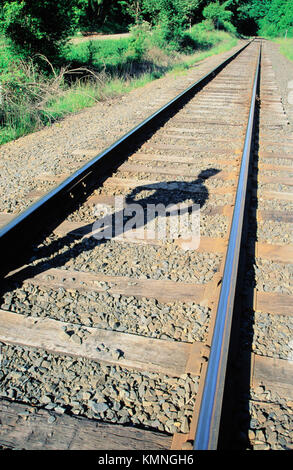 Shadow of a man on a train track Stock Photo - Alamy