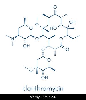 Clarithromycin antibiotic drug (macrolide class) molecule. Skeletal ...