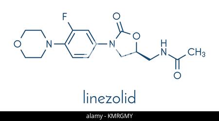 Linezolid antibiotic drug (oxazolidinone class) molecule. Skeletal ...
