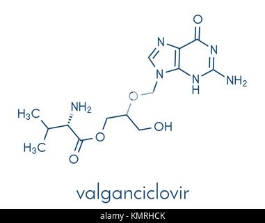 Valganciclovir cytomegalovirus (CMV, HCMV) drug molecule. Skeletal ...