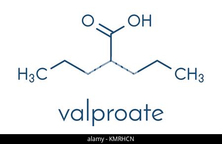 Valproic acid or valproate epilepsy (seizures) drug molecule. Skeletal ...