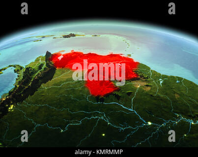 Morning above Venezuela highlighted in red on model of planet Earth in ...