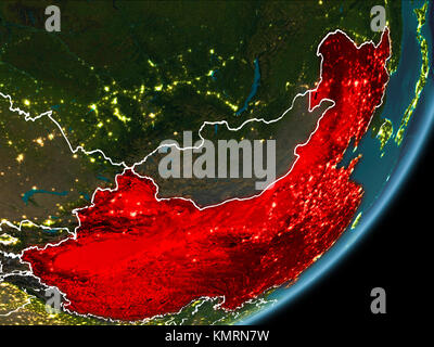 Night map of China as seen from space on planet Earth. 3D illustration ...