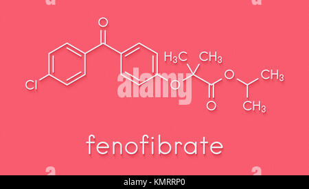 Fenofibrate cholesterol lowering drug (fibrate class) molecule. Blue ...