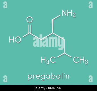 Pregabalin epilepsy and fibromyalgia drug molecule. Blue skeletal ...