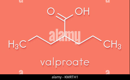 Valproic acid or valproate epilepsy (seizures) drug molecule. Blue ...