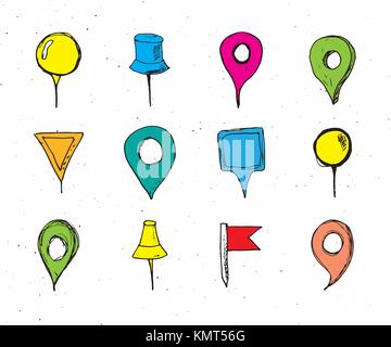 Hand drawn map pointers, doodle navigation pins vector set. Marker pin drawing, illustration of ...