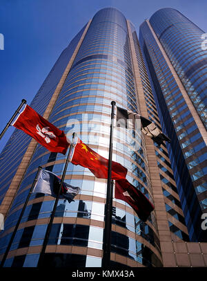 The Hong Kong Stock Exchange flag in front of the buffalo statue on ...