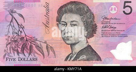 Australian five 5 Dollar $ note banknote showing Queen Elizabeth II 2nd ...
