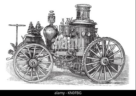 An old engraving of a steam-powered fire engine. It is from a Victorian ...