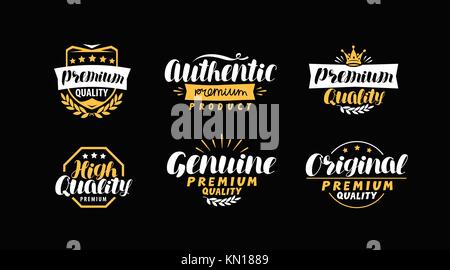 Description of goods. Typography design set icons or symbols. Lettering ...