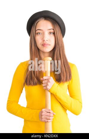 Beautiful teenage girl with wooden baseball bat Stock Photo - Alamy