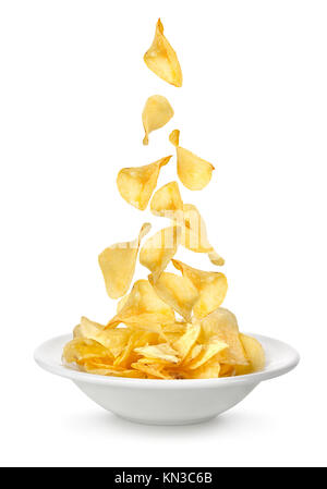 Falling potato chips isolated on white and black backgrounds, flying ...