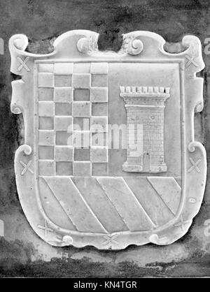 This armorial shield features a coat of arms, showcasing the heraldic ...