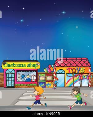 City street sidewalk at night with pedestrian walkway across road ...