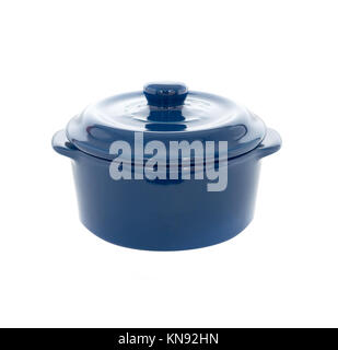 Blue enameled cast iron covered dutch oven on a white background Stock ...