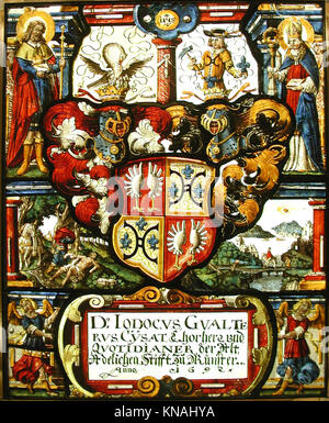 This armorial panel displays a heraldic design with a coat of arms ...