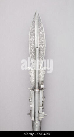 A combined boar spear and double barrel wheellock pistol, demonstrating ...