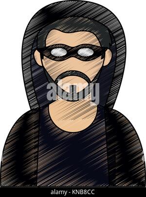 cartoon hacker man with cyber security icons around over white Stock ...