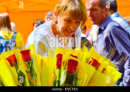 Red roses at Sant Jordi festival, ( St. George's Day ) in Passeig de ...