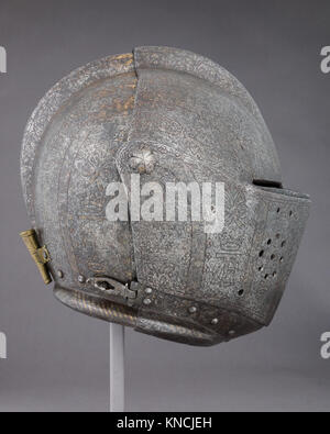 This close helmet is medieval military headgear, showing detailed ...