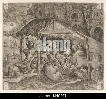 This artwork shows the Holy Family with shepherds, representing the ...