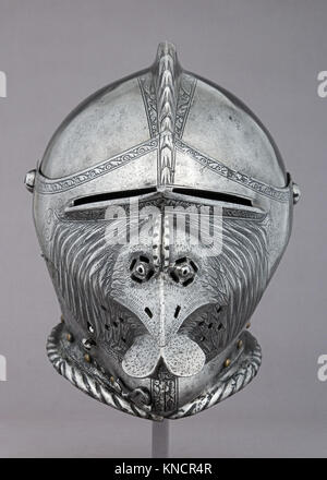 This armet helmet features a rooster-shaped visor, exemplifying ...