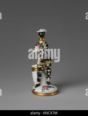 An illustration of Harlequin holding a barrel, representing commedia ...