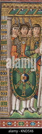 Emperor Justinian I and his court early 6th century mosaic San Vitale ...