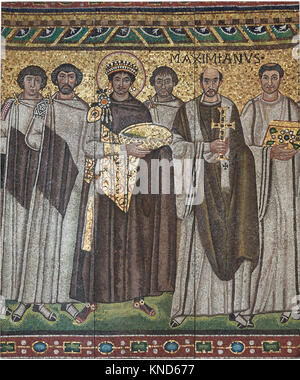 Emperor Justinian I and his court early 6th century mosaic San Vitale ...