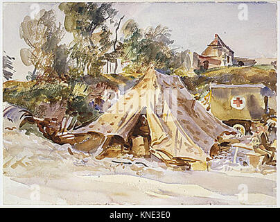 This historical camp scene shows ambulances, military medical care, and ...