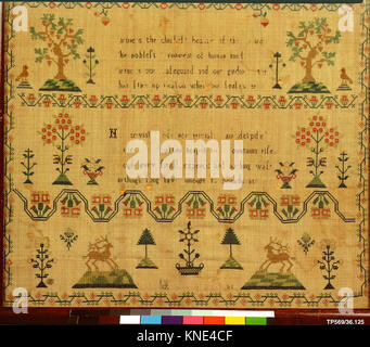 This embroidered sampler displays intricate stitching and pattern work ...