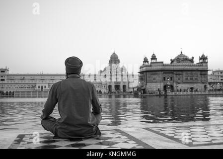 Old Indian Sikh man with black turban (dastar) poses for the camera ...