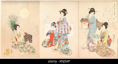 Chiyoda Castle (Album of Women), Meiji period (1868–1912), 1895, Japan, Triptych of polychrome ...