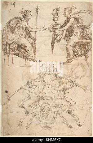 Two satyrs and a faun seated to right watching two child satyrs and ...