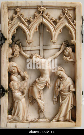 This 14th-century diptych, made of ivory, portrays scenes from the lives of Mary and Jesus, a ...