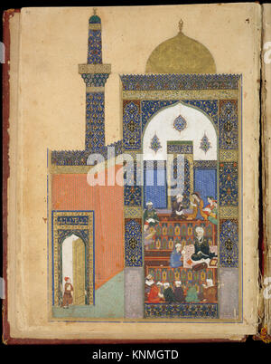A Persian manuscript folio depicting Laila and Majnun in a school, with ...