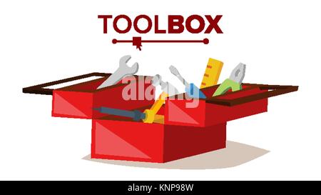 Red Classic Toolbox Vector. Full Of Equipment. Flat Cartoon Isolated ...