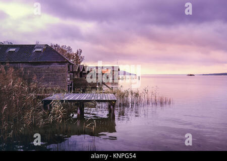 Old wooden boat houses at Lake Starnberg in Bavaria, Germany Stock ...