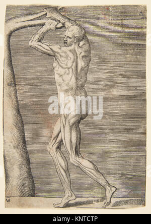 This artwork depicts a flayed man with arms raised, holding a branch of ...
