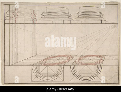 Perspective study illustrating two column bases, a column capital, and ...