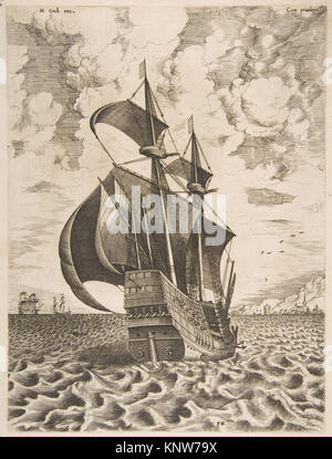 An engraving depicting an armed four-masted ship sailing towards a port ...
