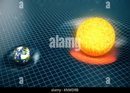 3D illustration Earth's and Sun gravity bends space around it. With ...
