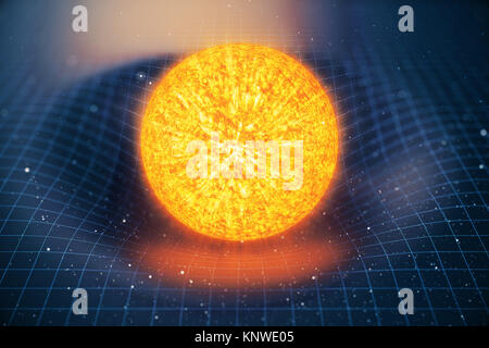3D illustration Sun gravity bends space around it. With bokeh effect ...
