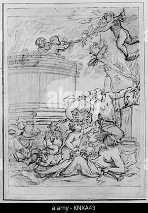 This artwork depicts a bacchanal scene, a celebration of wine and ...
