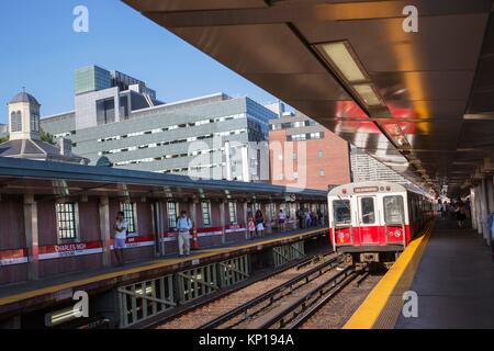 Boston MBTA red line subway train on the Longfellow bridge as it enters ...