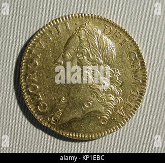 Five guineas coin of George II, gold, minted in the 18th century, with ...