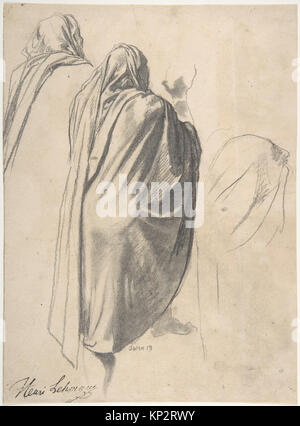 This artwork depicts the back view of a male figure dressed in a cloak ...
